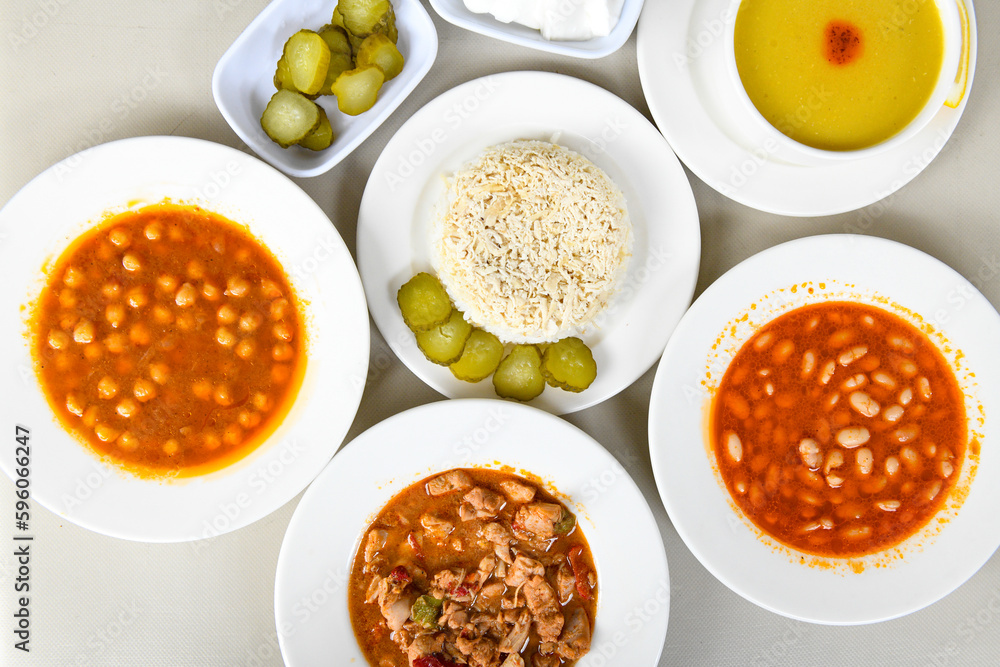 Table scene of assorted take out or delivery foods. Traditional Turkish ...