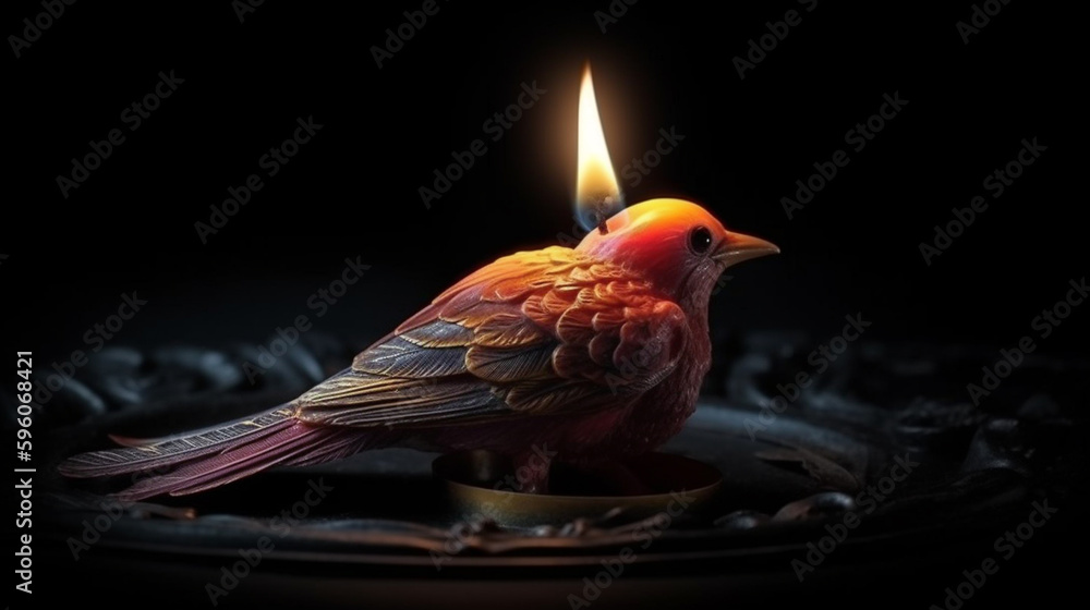 A small red bird with a burning candle in a black background.generative ...