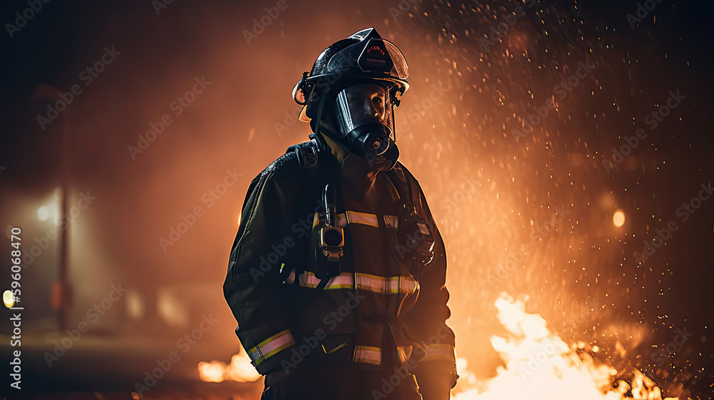 Firefighter from the front, orange bokeh background, spark and ...