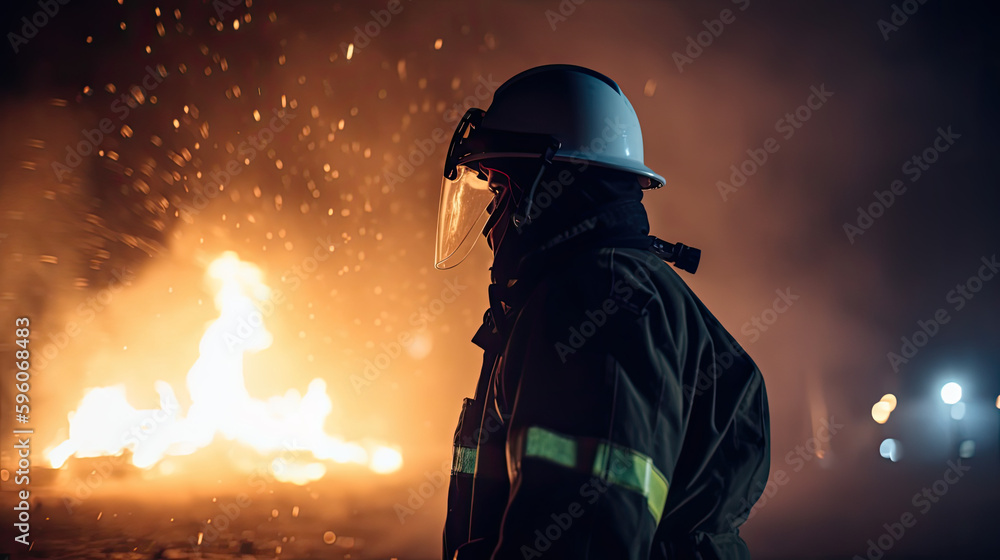 Firefighter from the back watching a fire in a street, orange bokeh ...