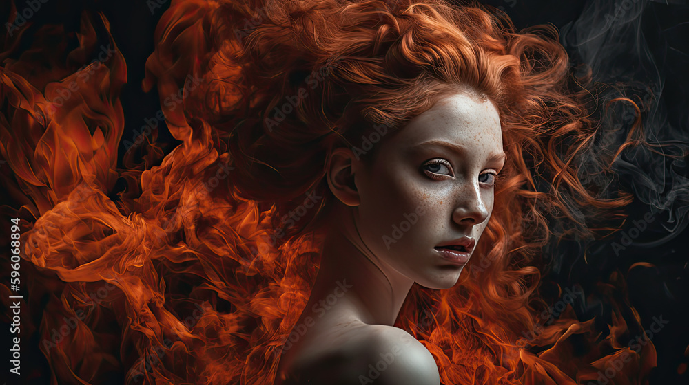 portrait of a woman with long fire and flame red hair, smoldering eyes ...
