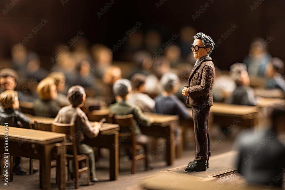Miniature school teacher. Little toy Man stands in middle of classroom ...