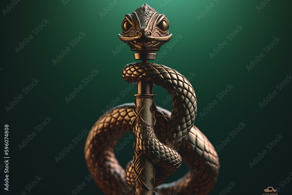 3D illustrations of the bronze medical symbol rod of Asclepius with a ...