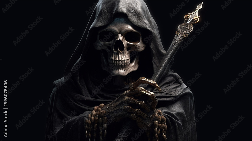 Halloween concept. Man in death costume with sword and skull on black ...