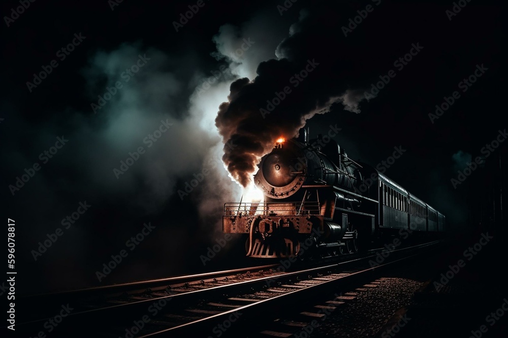 Train in darkness with smoking exhausts moving on tracks. Generative AI ...