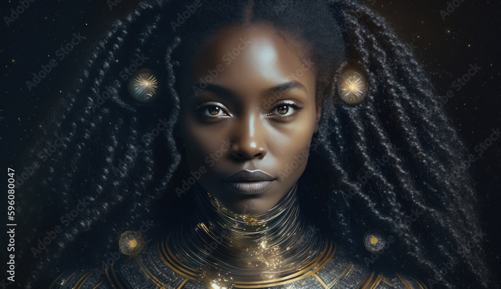 Beautiful afro girl, portrait of an alien brunette in a space outfit ...