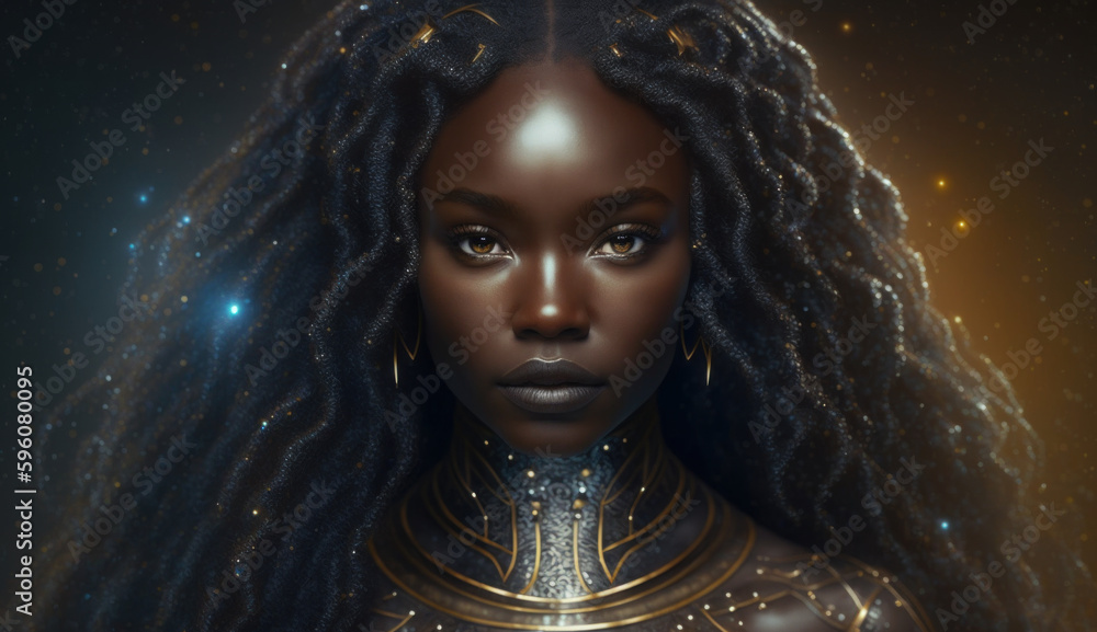 Beautiful afro girl, portrait of an alien brunette in a space outfit ...