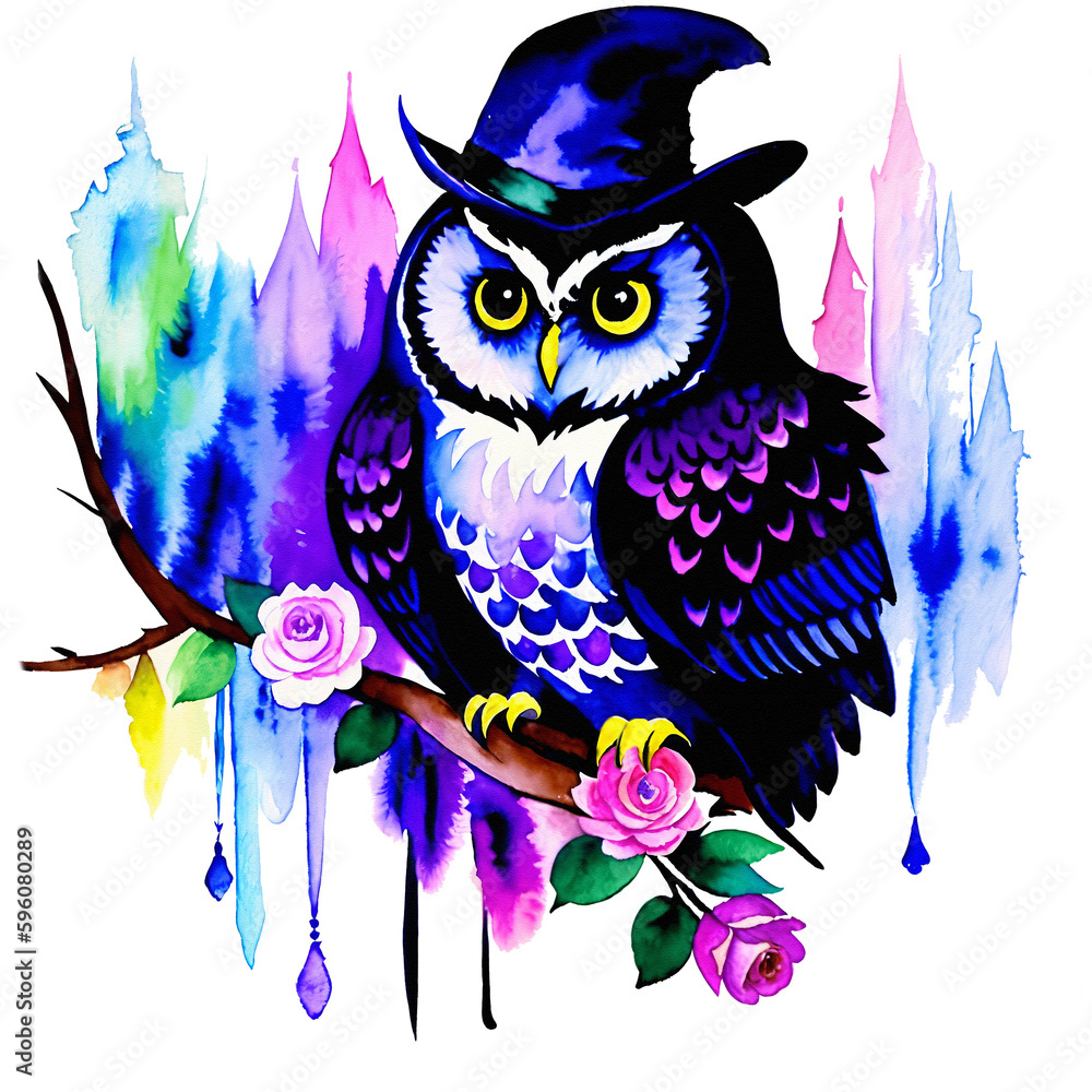 Watercolor Halloween witch owl portrait in hat illustration in png ...