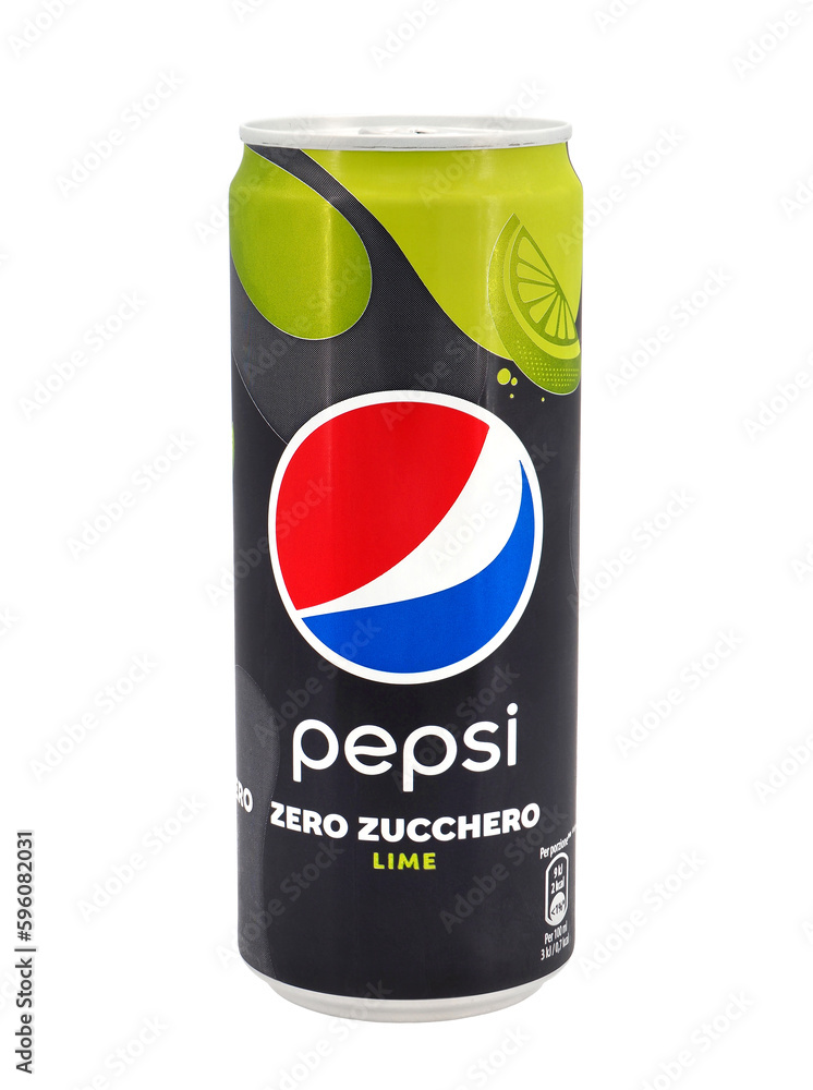 ROME, ITALY - APRIL 24, 2023. Pepsi Zero Lime can isolated on white ...