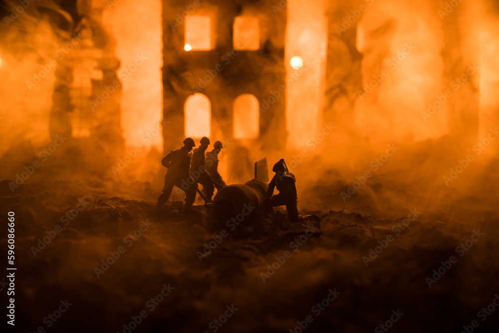 War Concept. Military silhouettes fighting scene on war fog sky ...