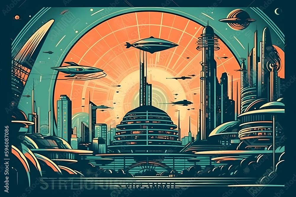 A poster of a spaceship with a planet in the middle in retrofuturistic ...