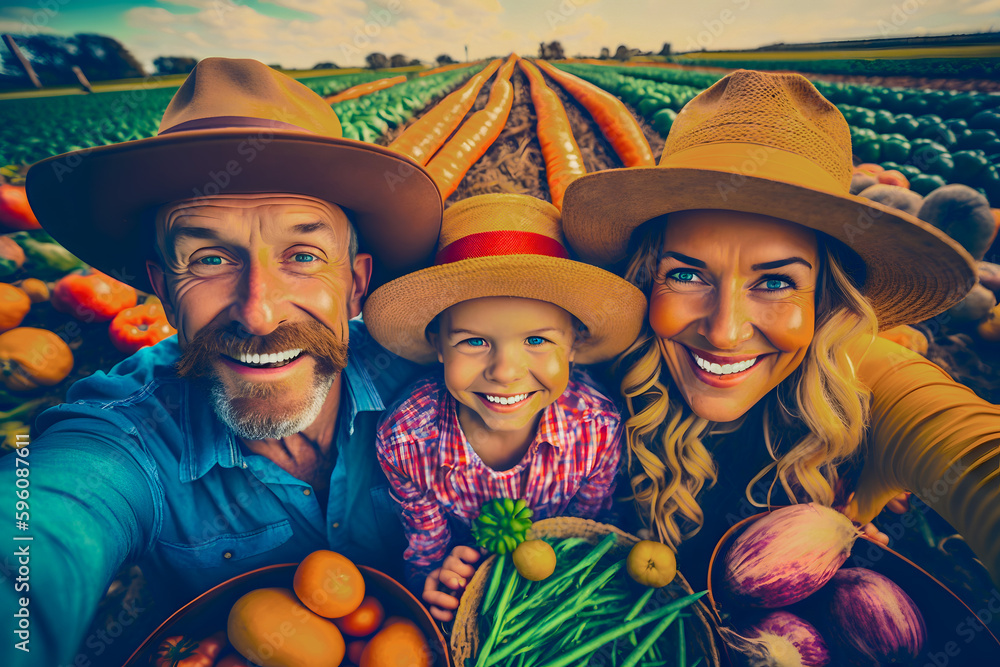 Happy father mom and daughter with hats on a farm plot in a village ...