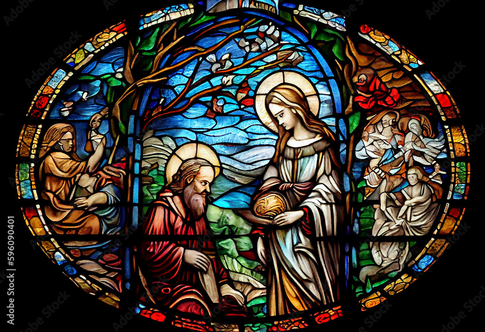 An ornate stained glass window depicting a scene from a religious story ...