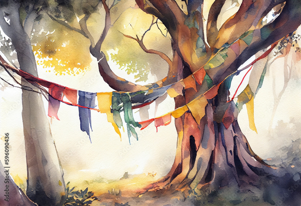 A sacred grove with a tall, ancient tree adorned with prayer flags ...