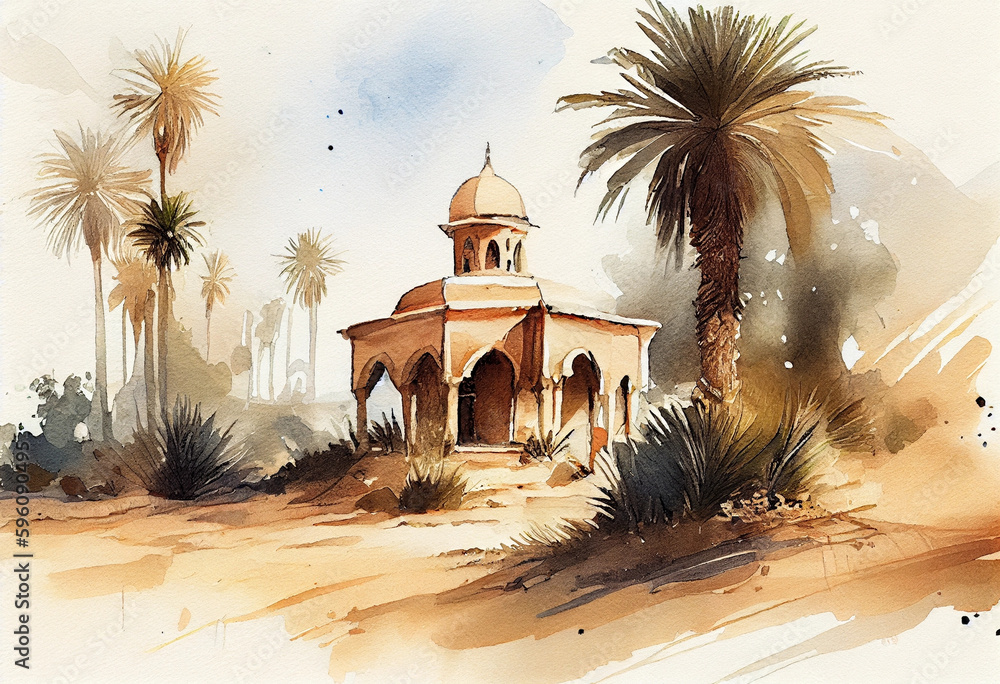 A simple, rustic mosque nestled among palm trees in a desert oasis ...