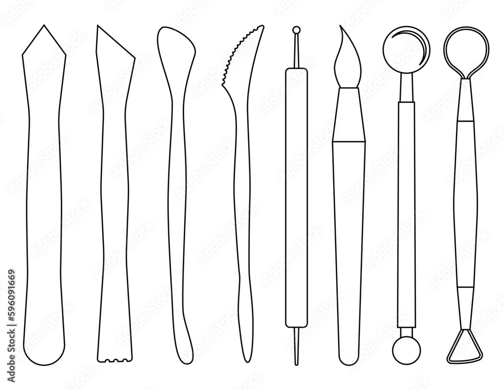 Set of modern pottery tools. Collection of wooden tools for clay ...