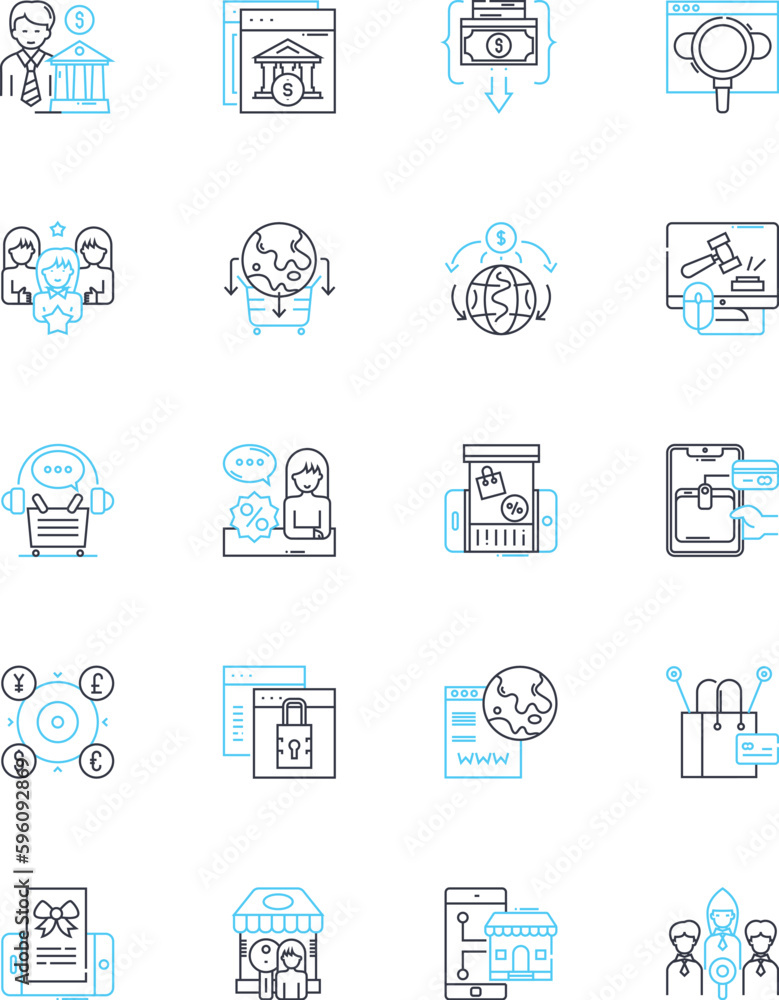 Virtual commerce linear icons set. E-commerce, Online shopping, Webstores, Digital marketing ...