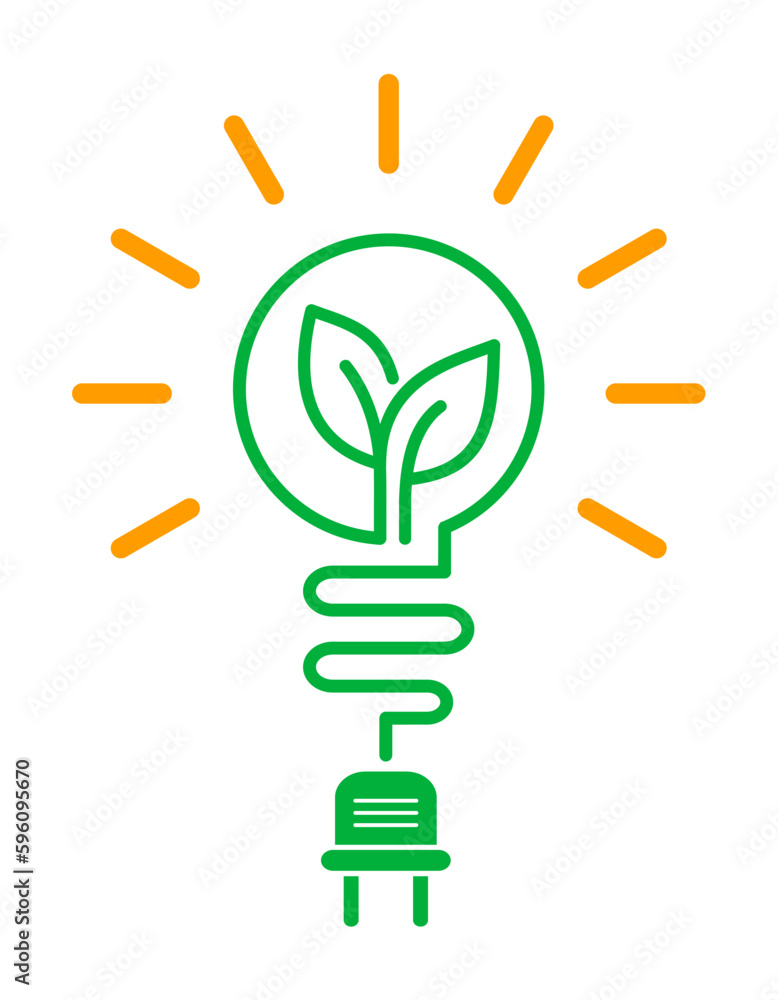 Save energy icon with green stylized light bulb. Vector on transparent ...