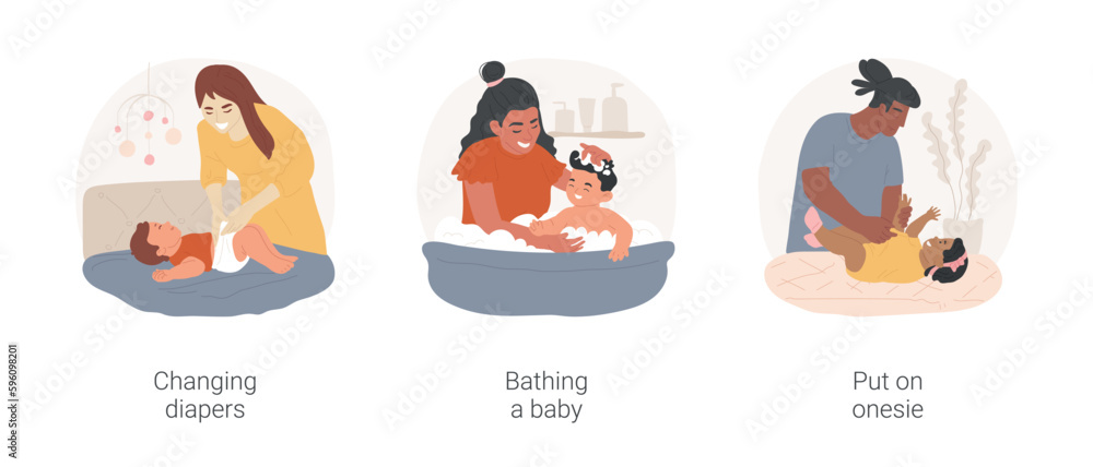 Baby hygiene isolated cartoon vector illustration set. Mom changing ...