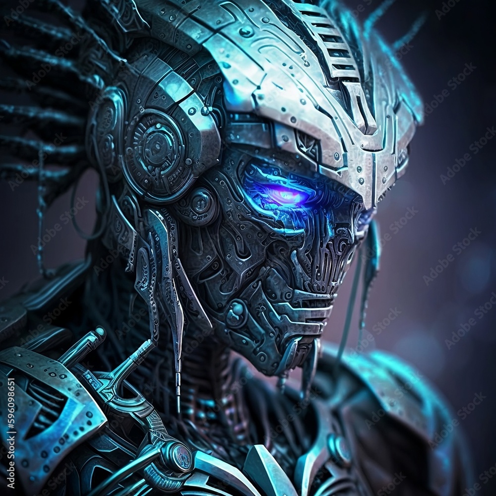 KI robot with blue eyes detailed metallic ai robot android 3d cyborg ...