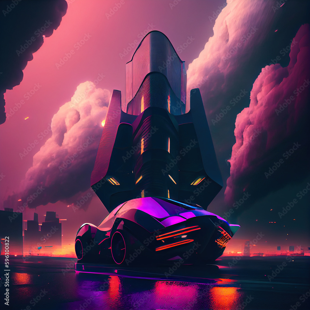 Retro futuristic back side view 80s supercar on trendy synthwave ...