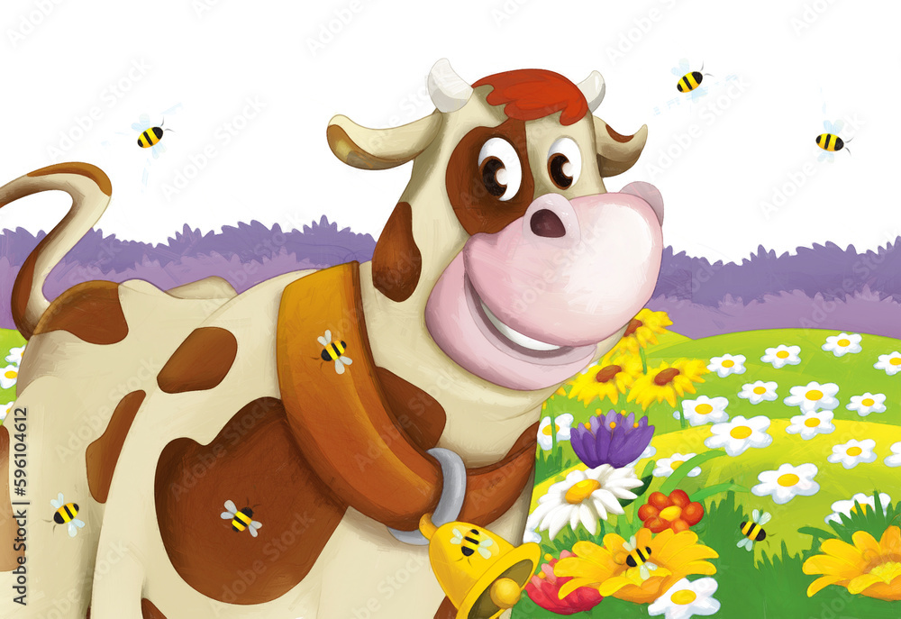 cartoon scene with cow having fun on the farm on white background ...