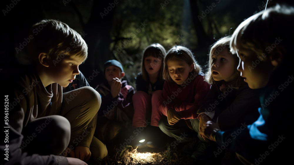 A group of young children sitting around a fire. AI generative image ...