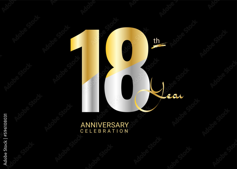 18 Years Anniversary Celebration gold and silver Vector Template, 18 ...