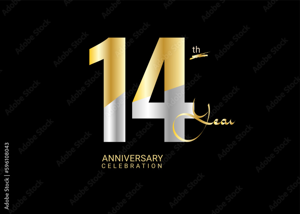 14 Years Anniversary Celebration gold and silver Vector Template, 14 ...