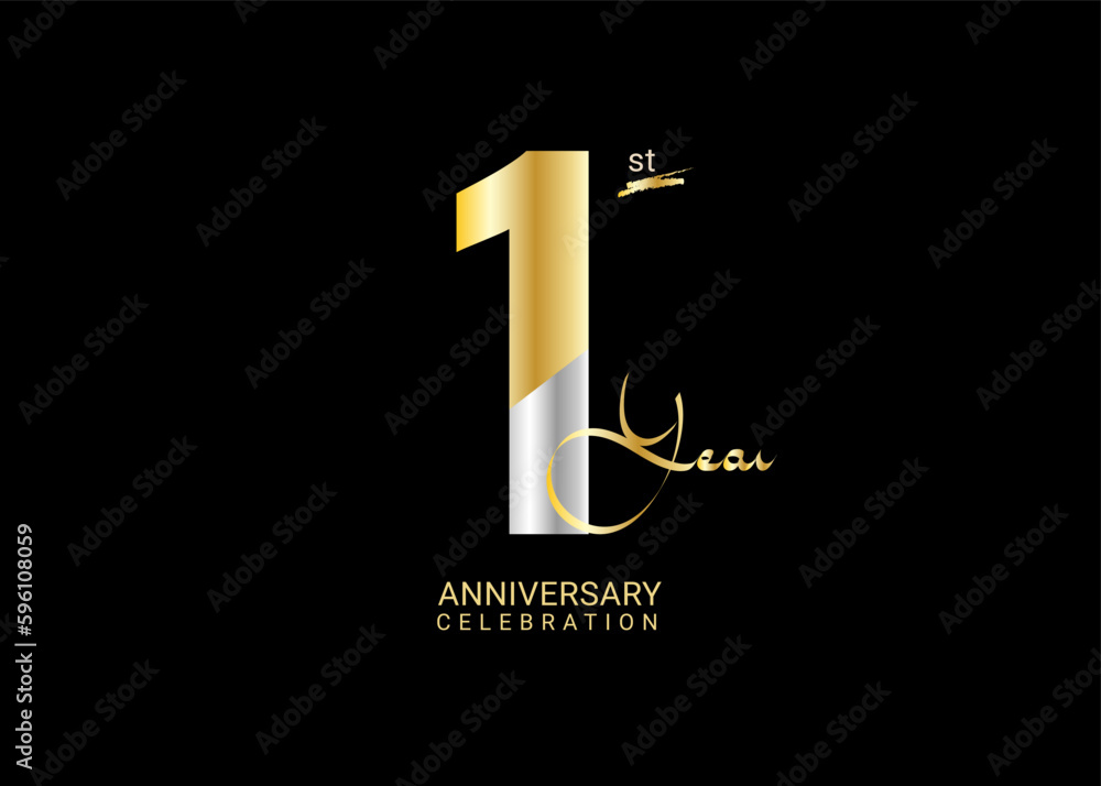 1 Years Anniversary Celebration gold and silver Vector Template, 1 ...