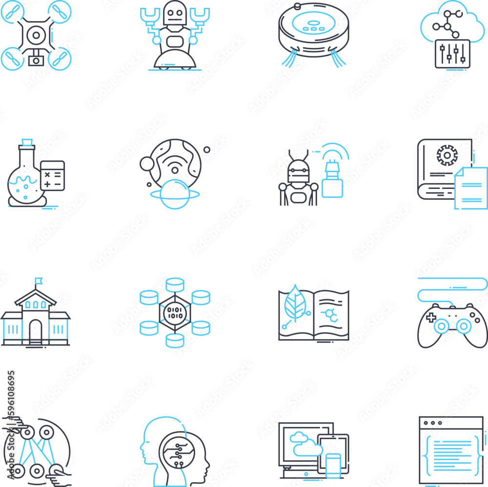 Simulated development linear icons set. Virtual, Model, Simulation ...