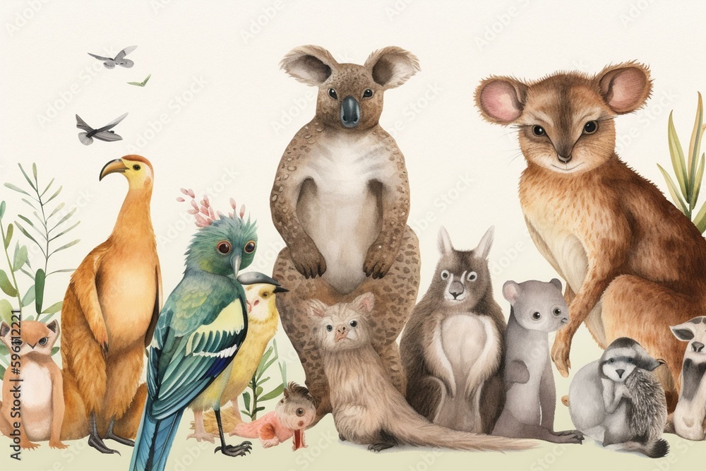 Watercolor illustration of Australian animals for kids' nursery with ...