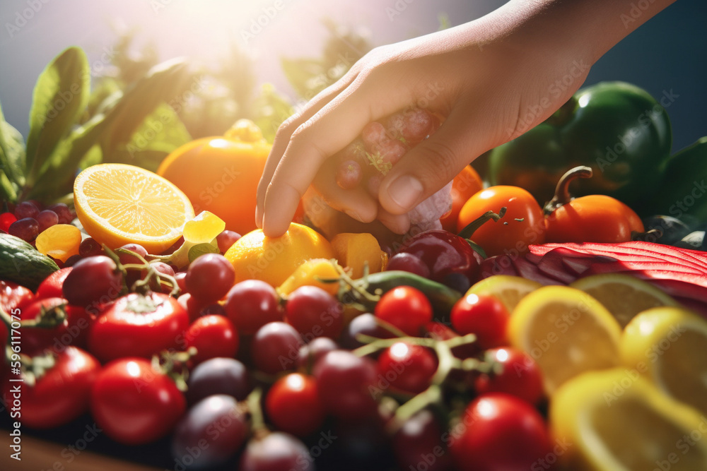 An animated platter of fresh, vibrant fruits and vegetables glistening ...