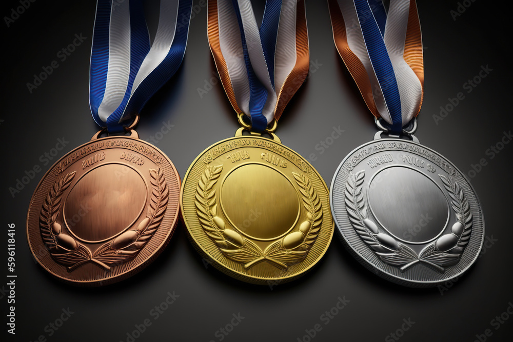 render of three gold silver and bronze medals for athletes. Ai ...