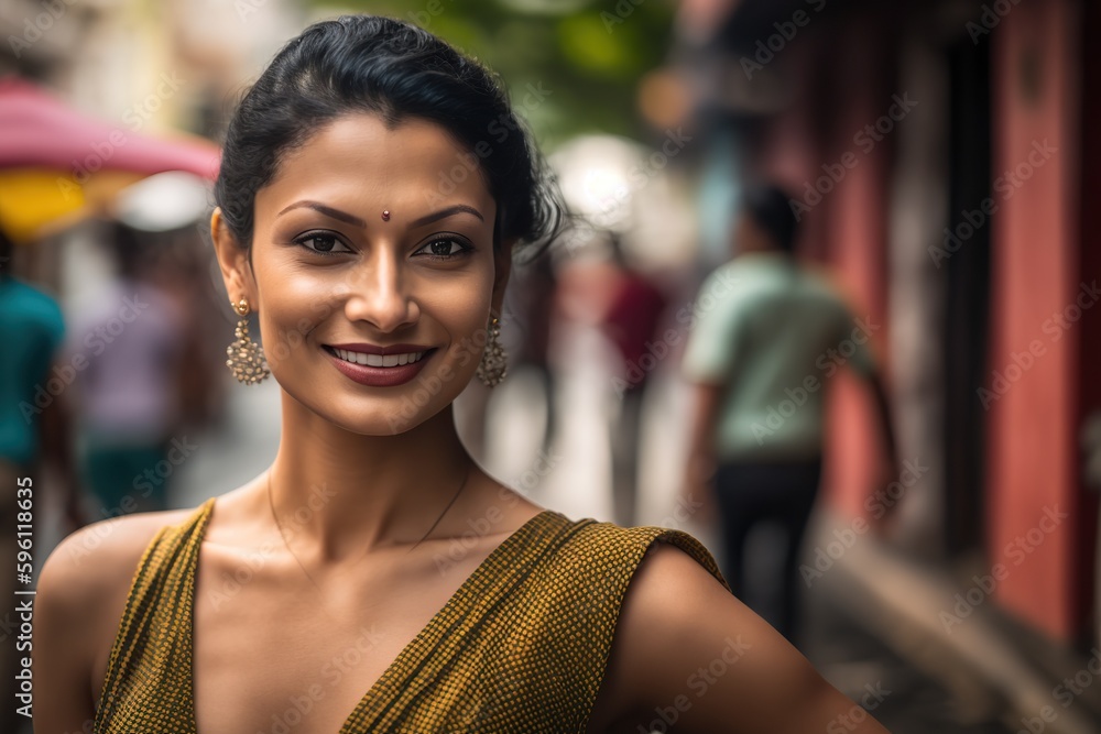 Street portrait of an Indian woman, in traditional clothing, smiling at ...