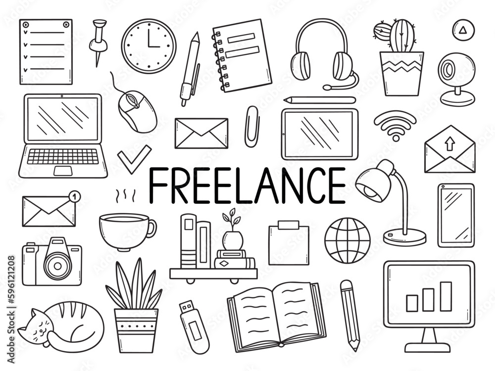 Freelance doodle set. Home office in sketch style. Work from home ...