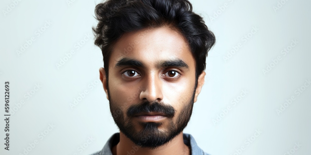 Head shot portrait of young Indian man looking seriously at camera ...