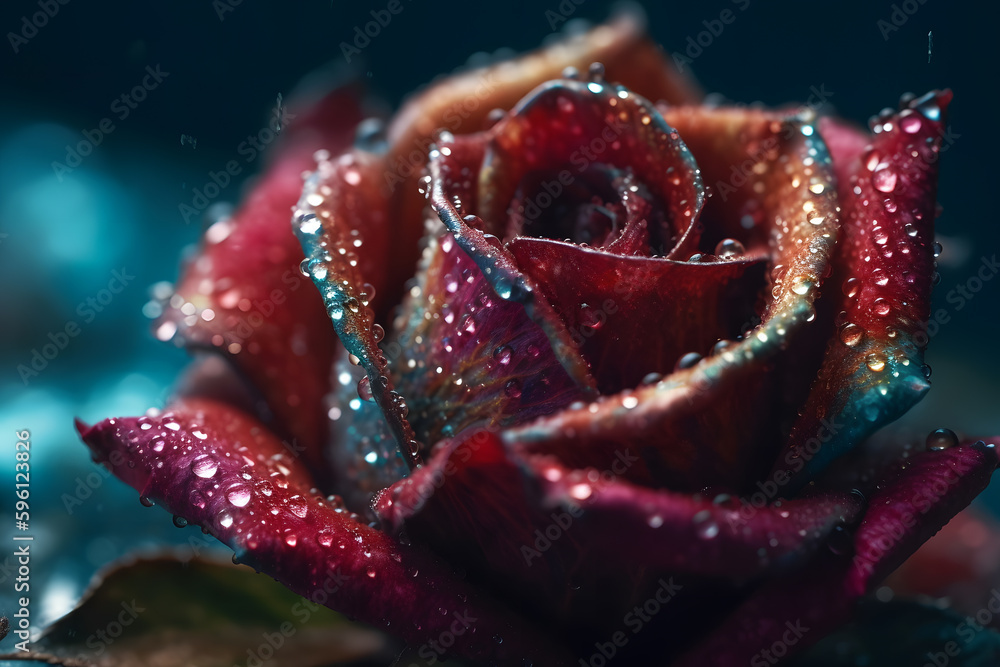 Rainbow rose with dew drops. Neural network AI generated art Stock ...