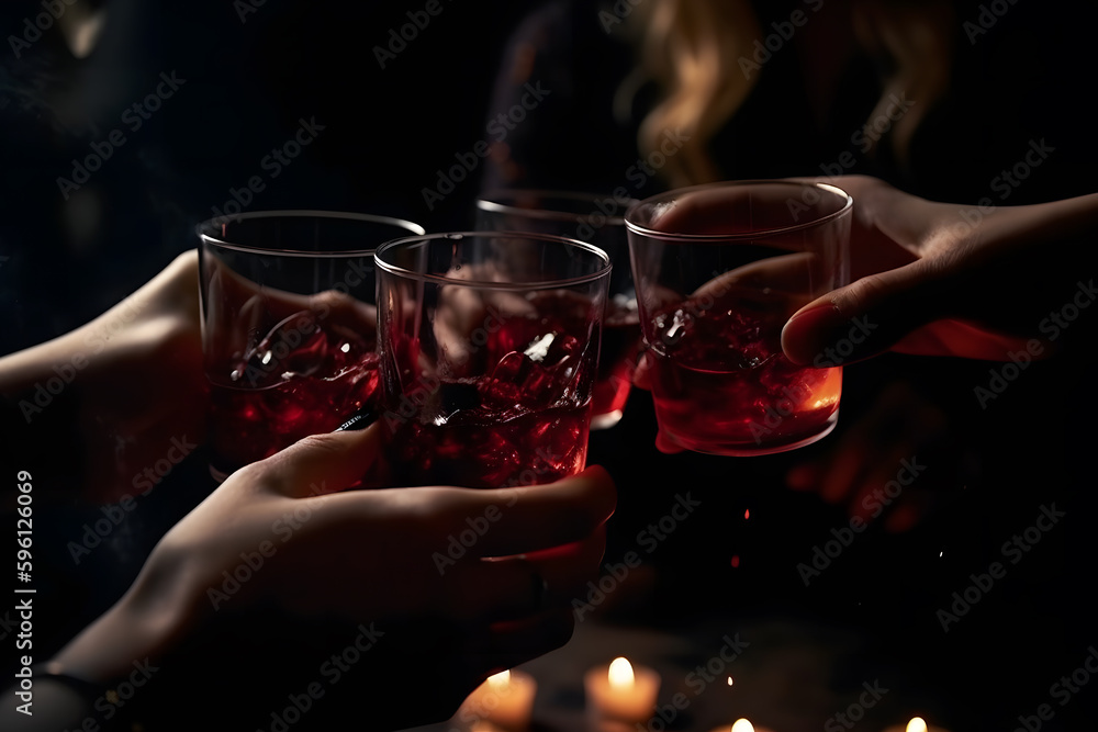 Group of friends enjoying alcohol drinks. Young people hands cheering ...