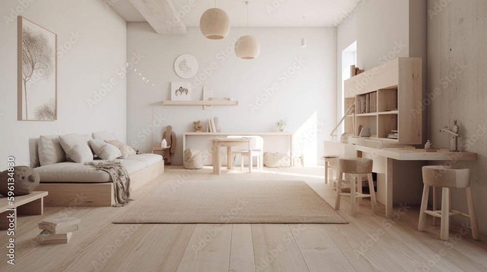 A minimalist kids playroom with simple, clean design and neutral color ...