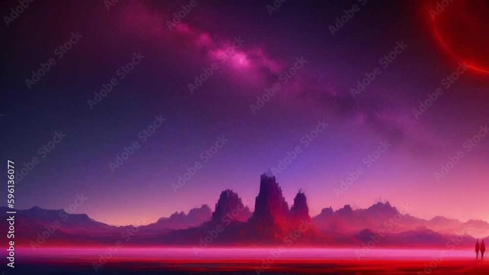 Synthwave Neon Lightning Wireframe Heart Over Mountain Landscape. Retro ...