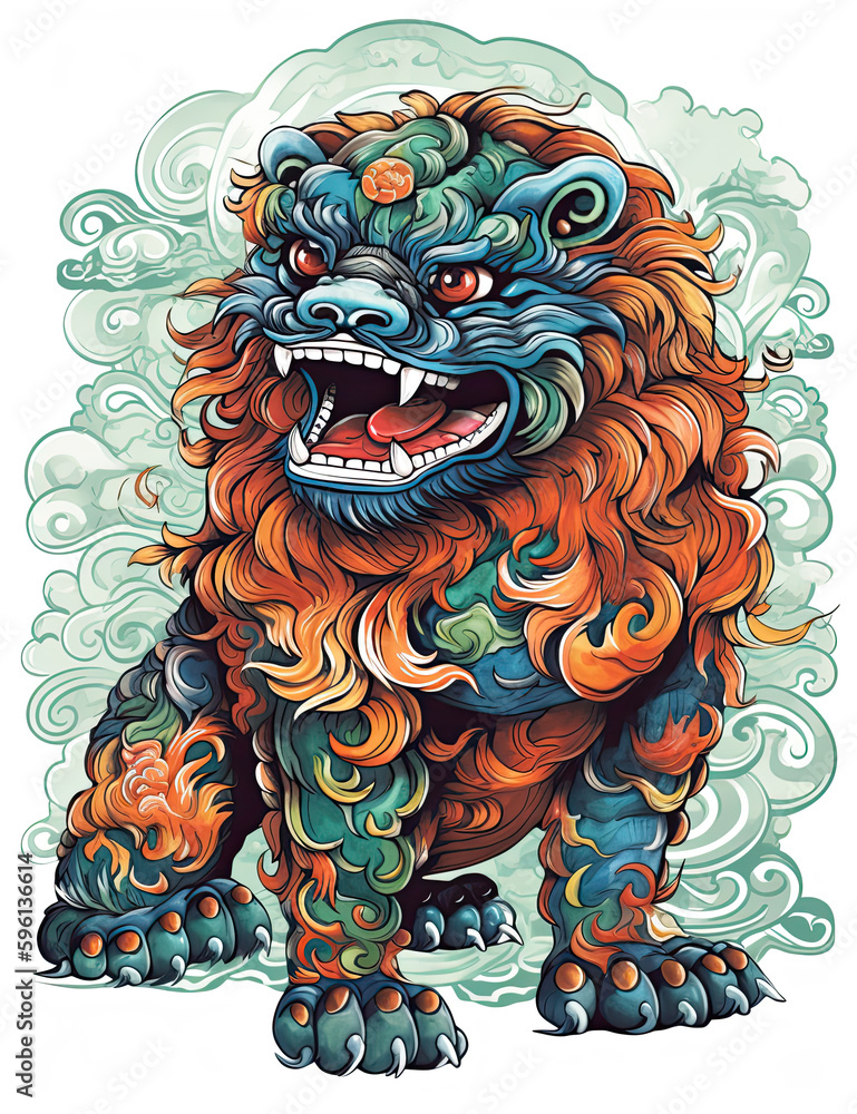 Chinese Dragon Statue, Foo Dog, Chinese Culture, Watercolor. generative AI Stock Illustration ...