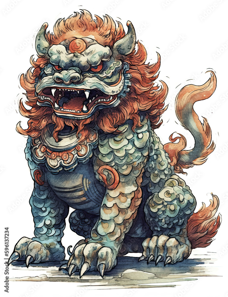 Chinese Dragon Statue, Foo Dog, Chinese Culture, Watercolor. generative ...