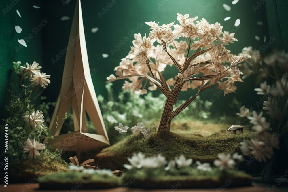 Paper art featuring a diorama of a spring plant and an origami tree ...