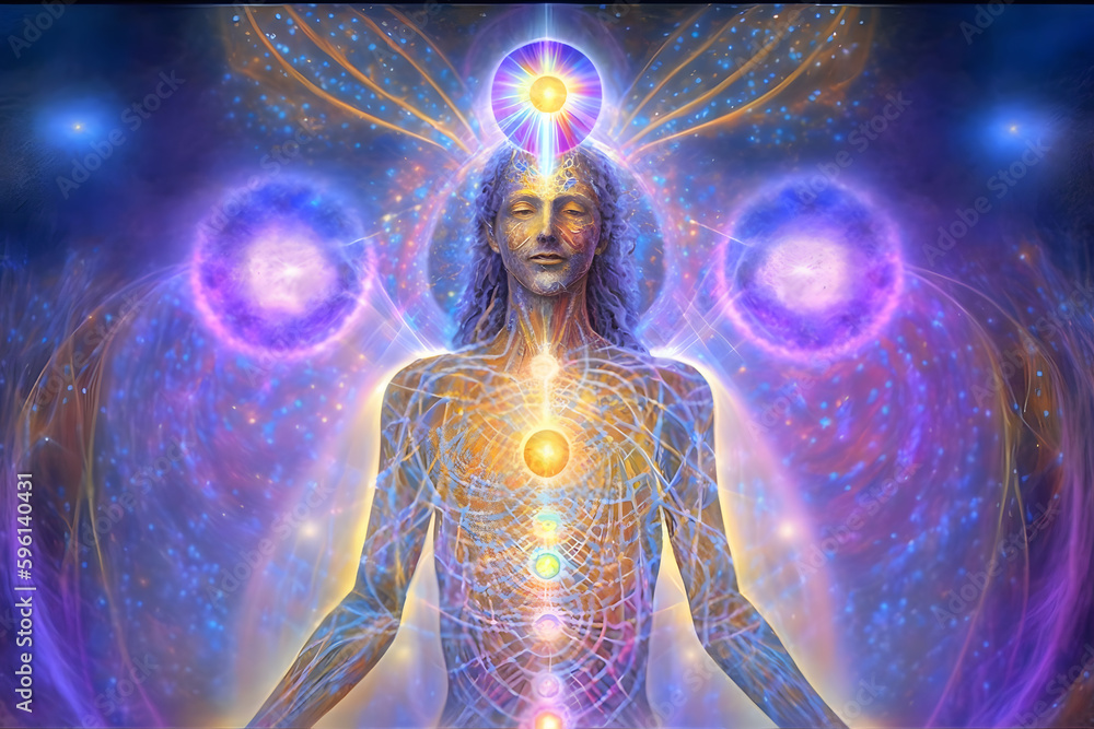 Human aura, spiritual energy, meditation concept. Neural network AI ...