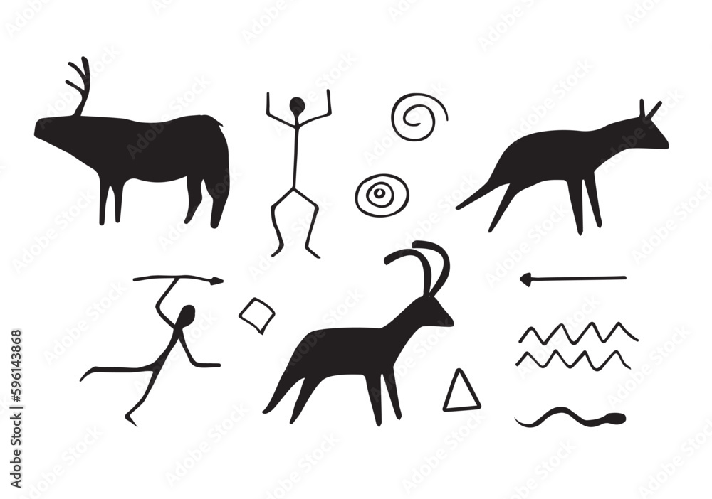 Vector set of ancient rock paintings isolated on white background Stock ...
