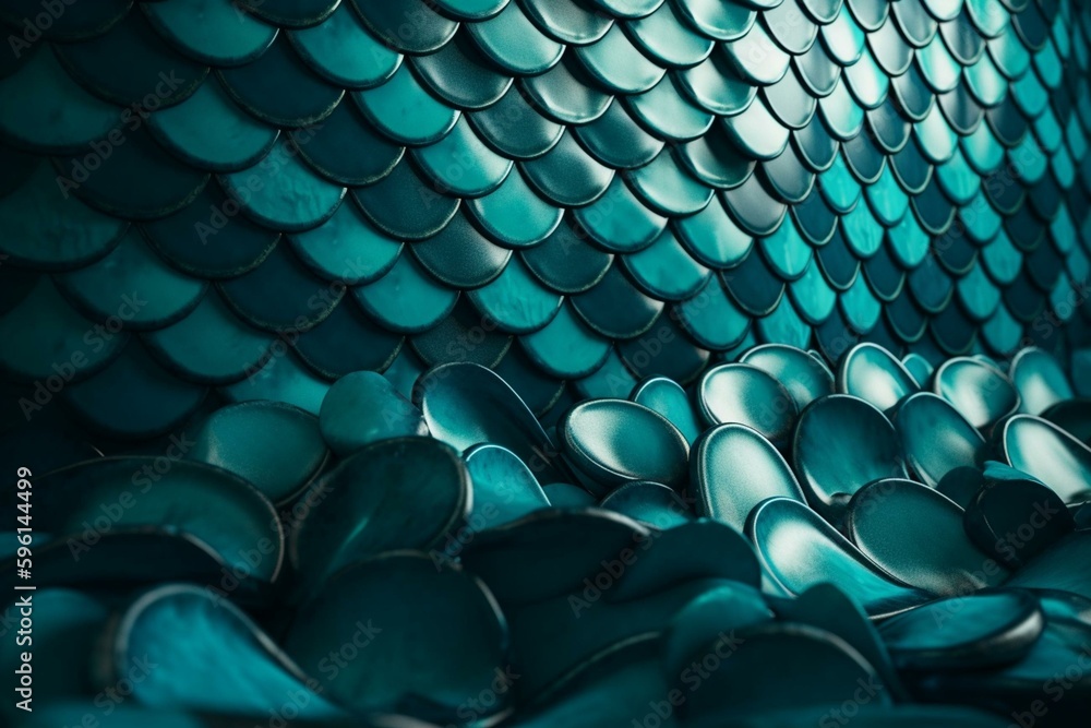 Teal fish scale tiles in 3D arrangement mimic wall. Semiglossy finish ...