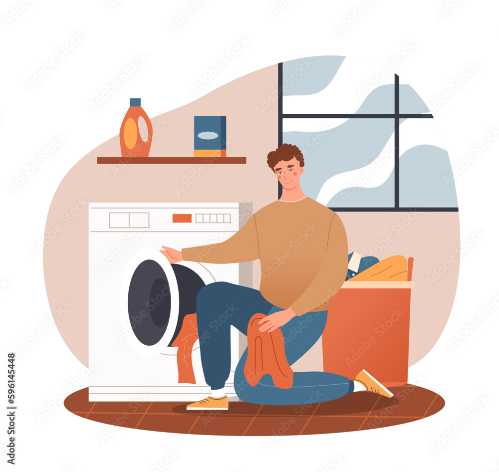 Man washes clothes. Young person putting dirty clothes into washing ...