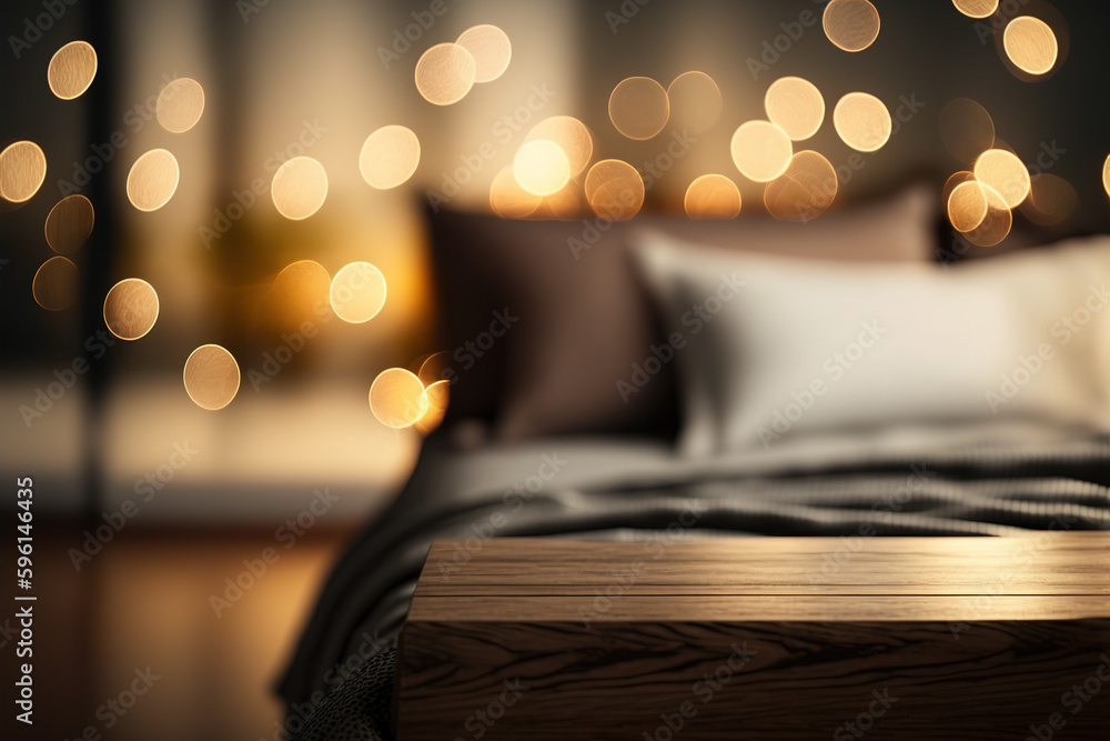 Table-top view of beside table or nightstand on blurred cozy night ...