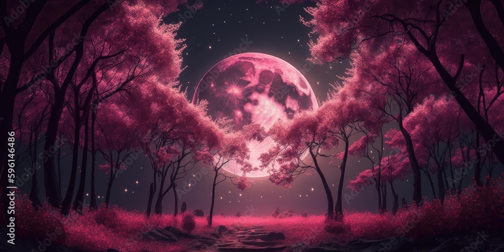 Fantasy pink forest with tall trees in full moon night. superlative ...